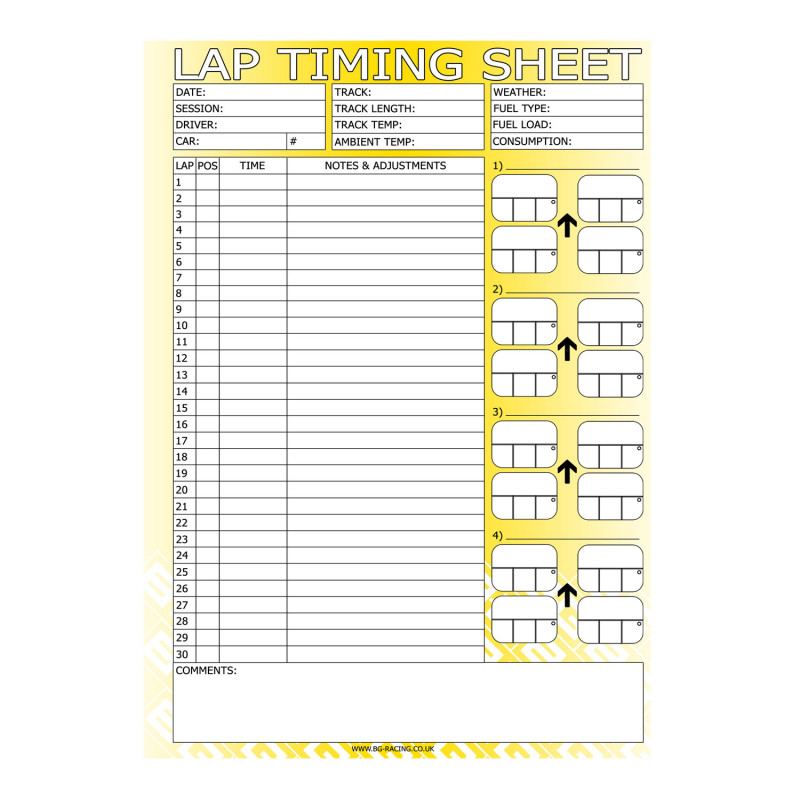 B G Racing Lap Timing Sheets Pad Of 50